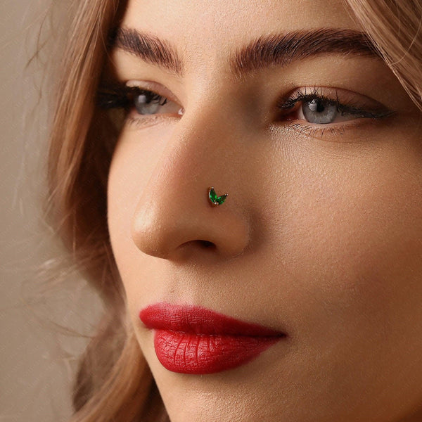 Tiny 2 Leaf Emerald Stone Threadless Flat Back Nose Stud, 20,18,16ga, 5-10mm, Unisex, Surgical ...
