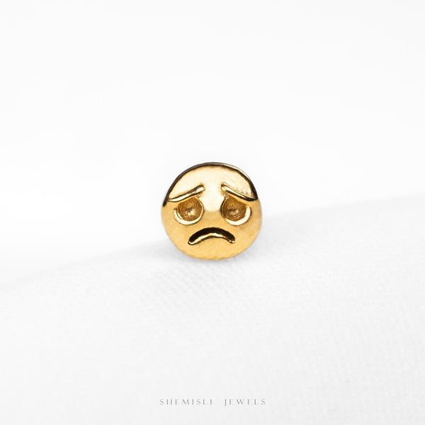 Tiny Sad Depressed Face Emoji Threadless Flat Back Earring, 20,18,16ga ...