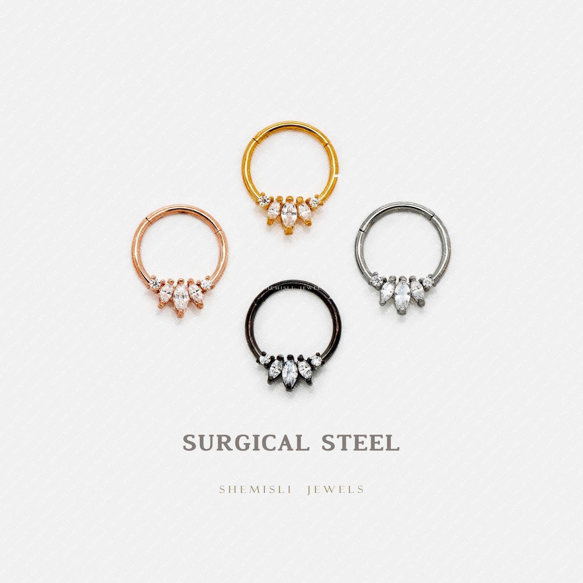 Marquise Leaf CZ Septum Ring, Hinged Clicker Hoop, Flower Nose Ring, 1 ...